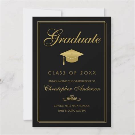 Graduation Gold Grad Cap And Script On Black Announcement