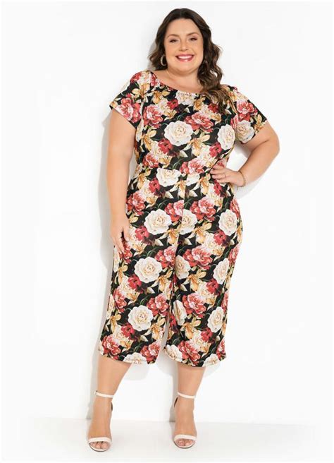Macacão Floral Preto Ciganinha Plus Size Marguerite