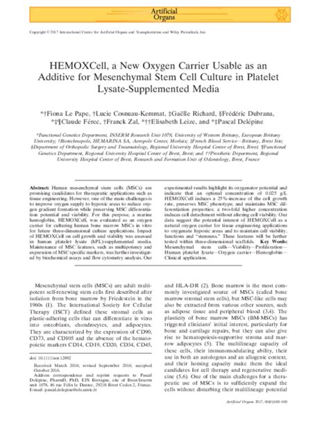 Pdf Hemoxcell A New Oxygen Carrier Usable As An Additive For