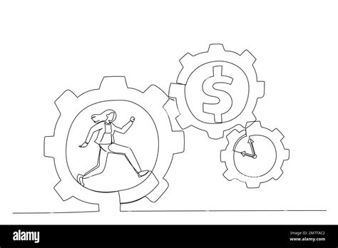 Drawing Of Businesswoman Running With Full Effort Inside Gear Cogs