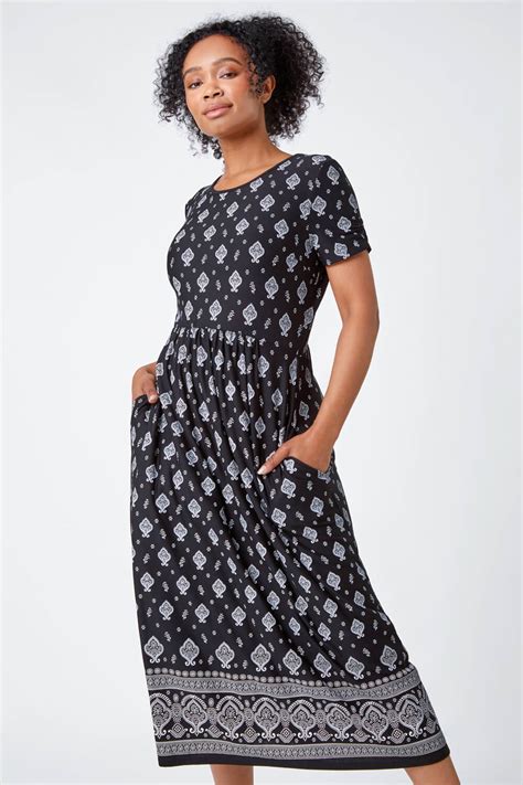 Black Petite Border Print Stretch Midi Dress Roman UK