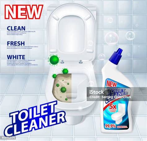 화장실 항균 세제 클리너 광고 포스터 녹색 미생물 및 비누 거품을 포함 하 여 현실적인 화장실 청소기 젤 플라스틱 패키지입니다 3 차원 벡터 일러스트 레이 션 청소부에 대한
