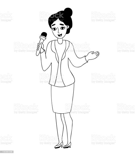 마이크를 들고 이끄는 여성 기자 벡터 그림입니다 선형 낙서 개념적 여성 캐릭터 현대 직업 및 저널리즘 작업 및보고 미디어 및