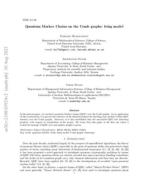Pdf Quantum Markov Chains On The Comb Graphs Ising Model