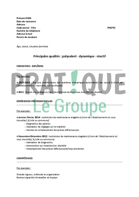 Modèle de CV pour un stage de technicien de maintenance Pratique fr