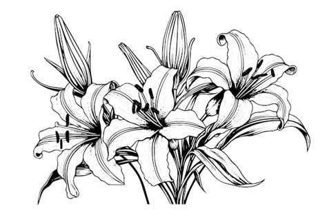 Lirio de ramo monocromático blanco y negro aislado sobre fondo blanco Ilustración vectorial