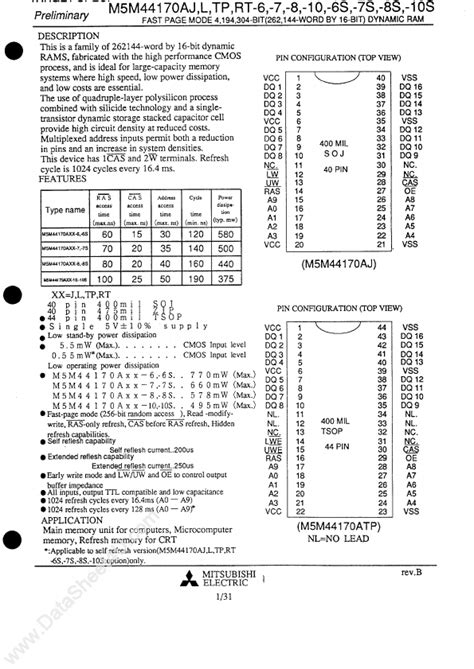 M5m44170atp 6 Datasheet Dram Equivalent Mitsubishi