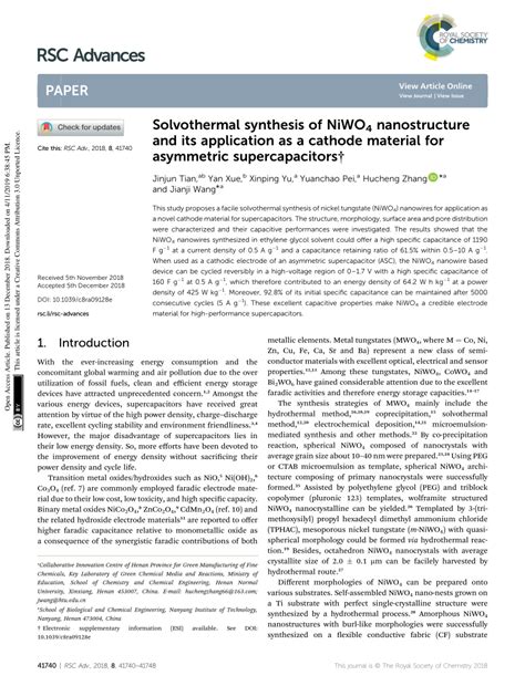 Pdf Solvothermal Synthesis Of Niwo 4 Nanostructure And Its Application As A Cathode Material