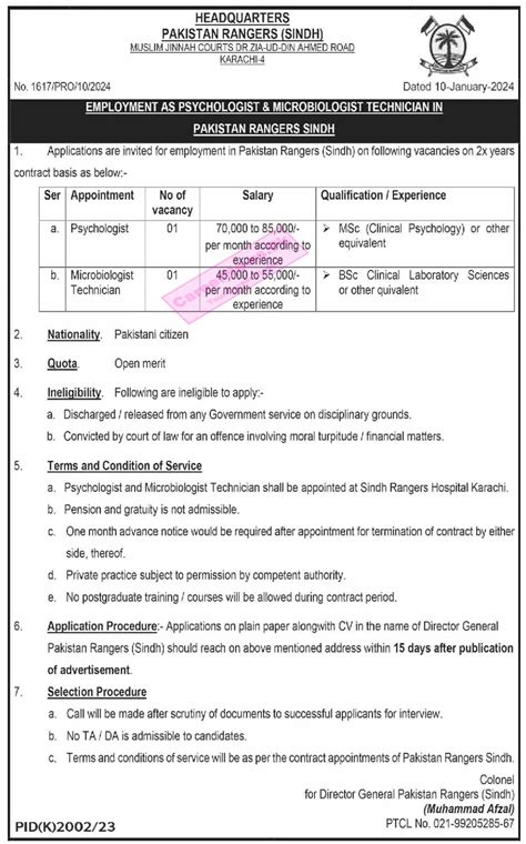 Pakistan Rangers Sindh Jobs 2024 At Sindh Rangers Hospital Karachi
