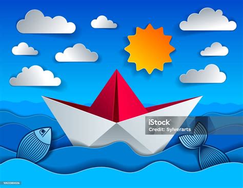 종이 접기 종이 배는 바다와 아름 다운 벡터 일러스트 레이 션 스타일을 잘라 종이에 하늘에 있는 구름의 매력적인 파도에 수영 하는 장난감 3차원 형태에 대한 스톡 벡터 아트