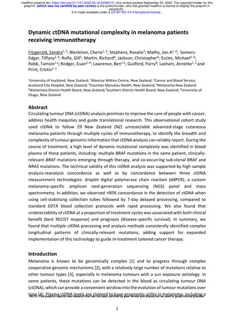 Pdf Dynamic Ctdna Mutational Complexity In Melanoma Patients