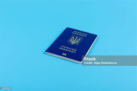 파란색 배경에 황금 삼중 기호가있는 우크라이나어 여권 생체 인식 우크라이나 여권 Id 사진 또는 텍스트를위한 빈 장소 0명에