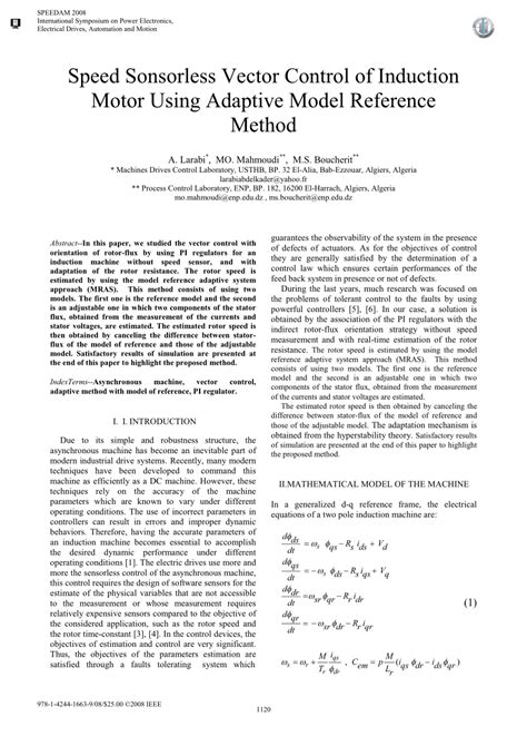 Pdf Speed Sonsorless Vector Control Of Induction Motor Using Adaptive Model Reference Method