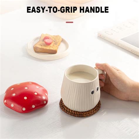 Adorable Red Cartoon Mushroom Ceramic Tea Cup With Lid Set Of Tea Mugs
