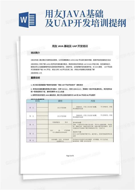 用友java基础及uap开发培训提纲Word模板下载 编号lzadzgxd 熊猫办公