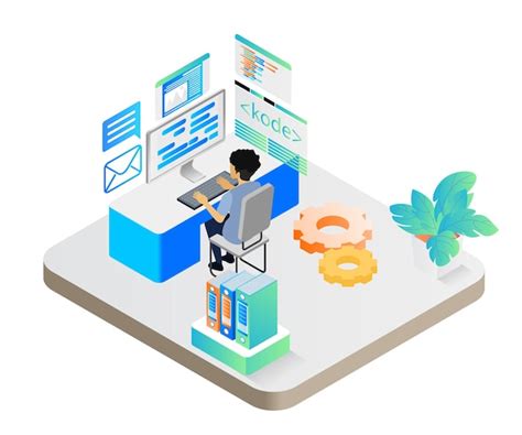 premium vector isometric style illustration about a person coding a website app with his computer