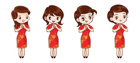 중국 신년 축제와 만다린 가운에 예쁜 중국 소녀 프리미엄 벡터