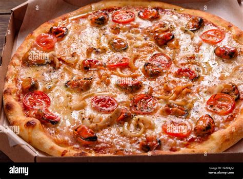 Seafood Italian Pizza With Shrimp Squid Mussels Fresh Herbs And