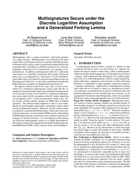 Pdf Multisignatures Secure Under The Discrete Logarithm Assumption