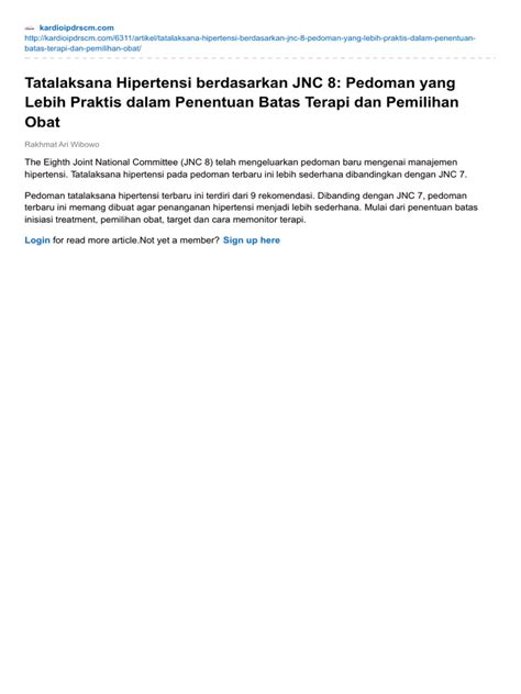 Tatalaksana Hipertensi Berdasarkan Jnc 8 Pedoman Yang Lebih Praktis Dalam Penentuan Batas Terapi
