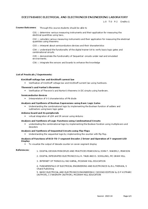 1 Ece279 Lab Ece279basic Electrical And Electronics Engineering Laboratory Course Outcomes