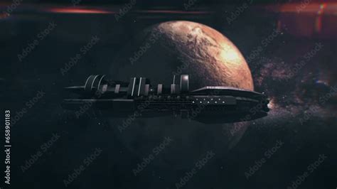 Interstellar Spaceship Slowly Flying In Outer Space Near A Planet Sci Fi Spacecraft Passes Dead