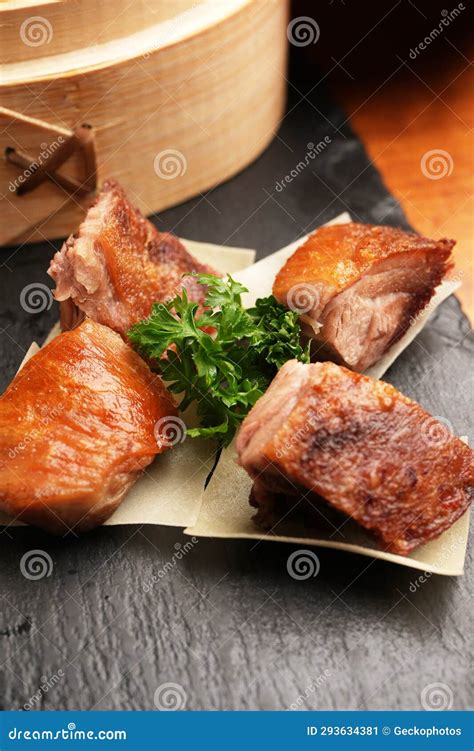 Roasted Peking Duck Sliced Peking Duck And Fresh Snacks Stock Image