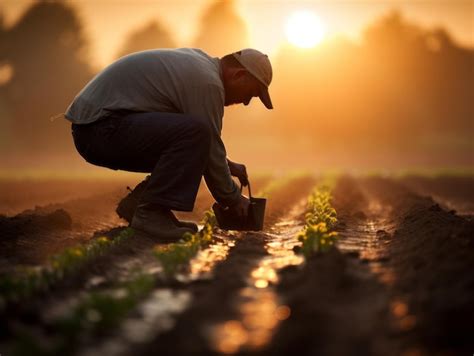 Premium AI Image Farmer Tending To Rows Of Crops In A Sunlit Field