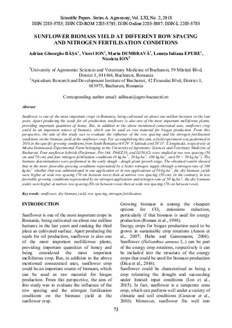 Pdf Sunflower Biomass Yield At Different Row Spacing And Nitrogen Fertilisation Conditions