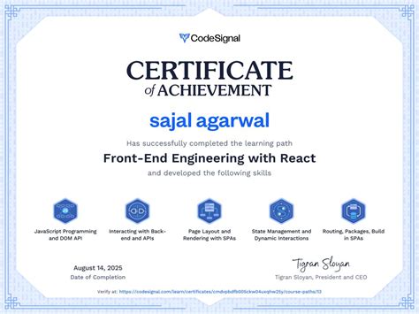 path certificate for front end engineering with react sajal agarwal