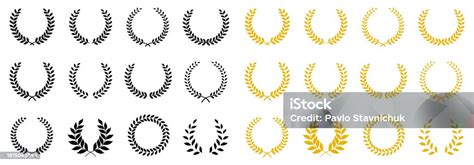 Laurel Wreath Of Victory Icon Set Black And Gold Silhouette Circular