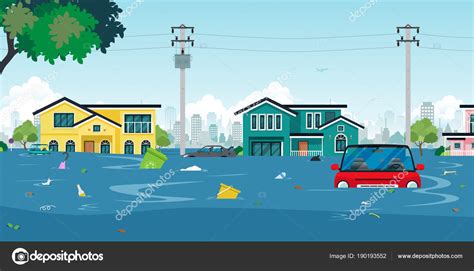 City Floods Cars Garbage Floating Water Stock Vector Image By