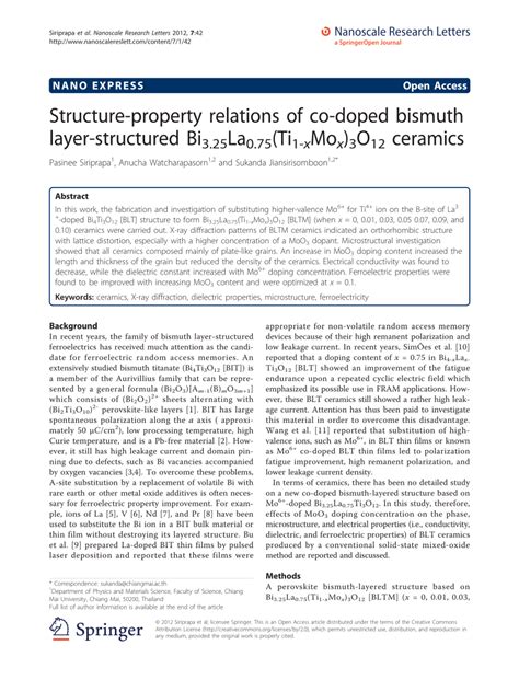 Pdf Structure Property Relations Of Co Doped Bismuth Layer Structured Bi325la075ti1 Xmox