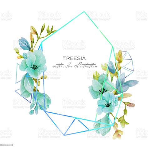 수채화 블루 Freesia 꽃 기하학적 세련된 프레임 흰색 배경에 그려진 손 인사말 카드 디자인 프리지어에 대한 스톡 벡터 아트