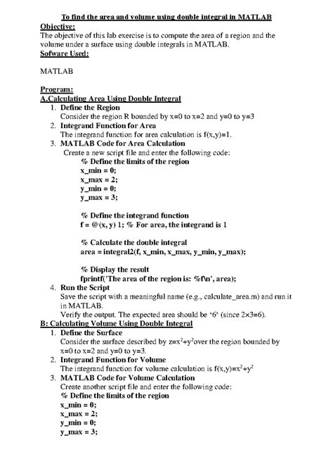 Matlab Exercisefinal To Find The Area And Volume Using Double Integral In Matlab Objective