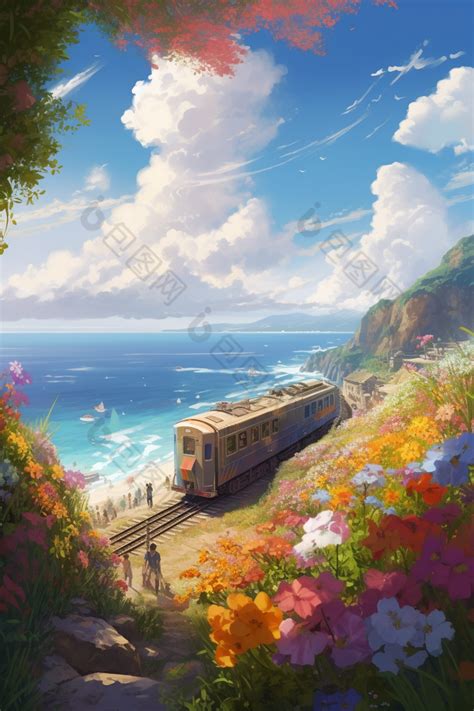 彩虹列车海边风景的天空插画图片 包图网