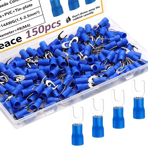 Smseace 150pcs 8m4 Fork Terminals Blue U Type Insulated Fork Connector Electrical Crimp