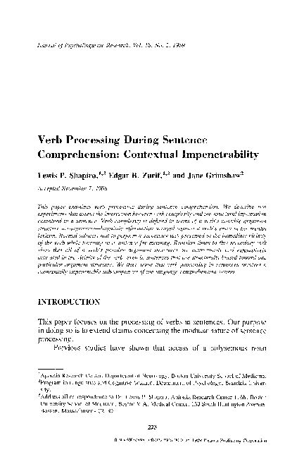 Pdf Verb Processing During Sentence Comprehension Contextual