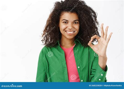 Perfect No Problem Happy Smiling Young Curly Woman Shows Zero Okay