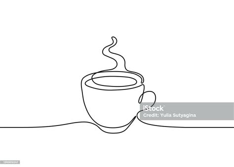 커피 한 잔 하나의 연속 선 그리기 간단한 추상적 인 개요는 스팀 음료와 함께 아름다운 머그잔을 설명합니다 벡터 일러스트 레이 션 커피 마실 것에 대한 스톡 벡터 아트 및