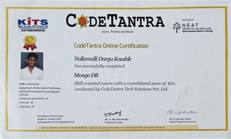 Durga Koushik On Linkedin Codetantra Mongodb Coursecompletion Kitsguntur Informationtechnology