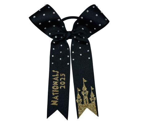 Collegiate Nationals Castle Cheer Bow 2025 Black And Gold Glitter Cheer Bow