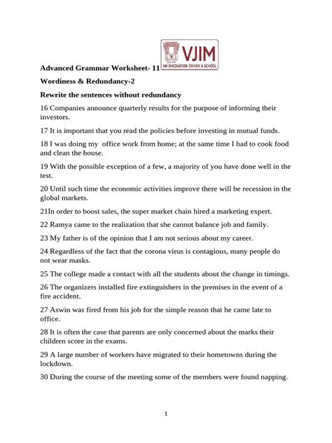 Redundancy And Wordiness Worksheet 2 Pdf