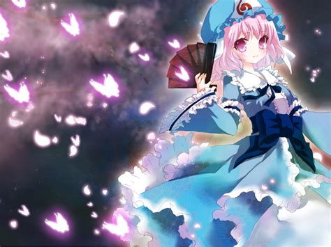 Bow Butterfly Dress Fan Hat Magic Pink Hair Purple Eyes Saigyouji