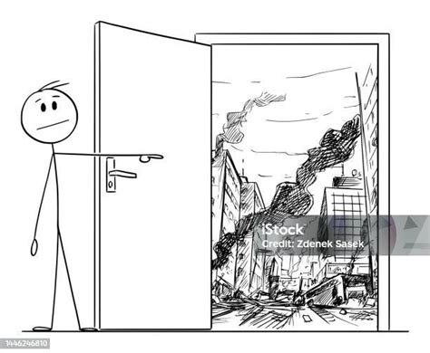 전쟁 위기 재난 또는 문 뒤에 운명 벡터 만화 스틱 그림 그림 그림 가공의 인물에 대한 스톡 벡터 아트 및 기타 이미지