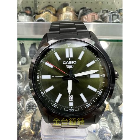 【金台鐘錶】casio 卡西歐 日期顯示 不鏽鋼錶帶 防水50米 時尚 黑x綠 Mtp Vd02b 3e 蝦皮購物