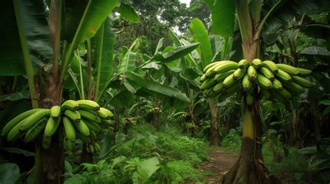 Banana Trees Grown On A Green Grassy Path In A Jungle Background