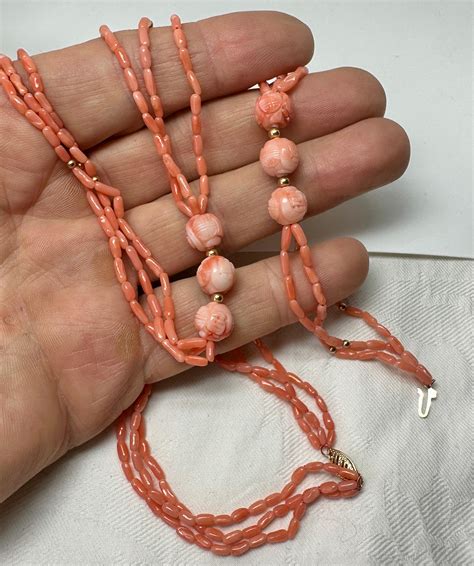 Salmon Coral Necklace And Bracelet Karat Gold Three Strand Hand Carved Beads For Sale At