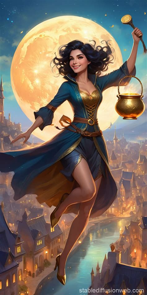 Witch Flies Over City Stable Diffusion Online