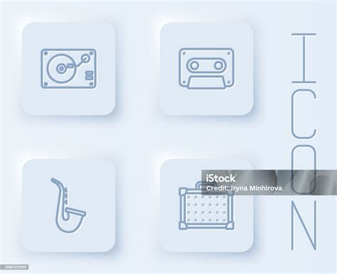 비닐 디스크 레트로 오디오 카세트 테이프 색소폰 및 기타 앰프가 있는 라인 비닐 플레이어를 설정합니다 흰색 사각형 버튼입니다